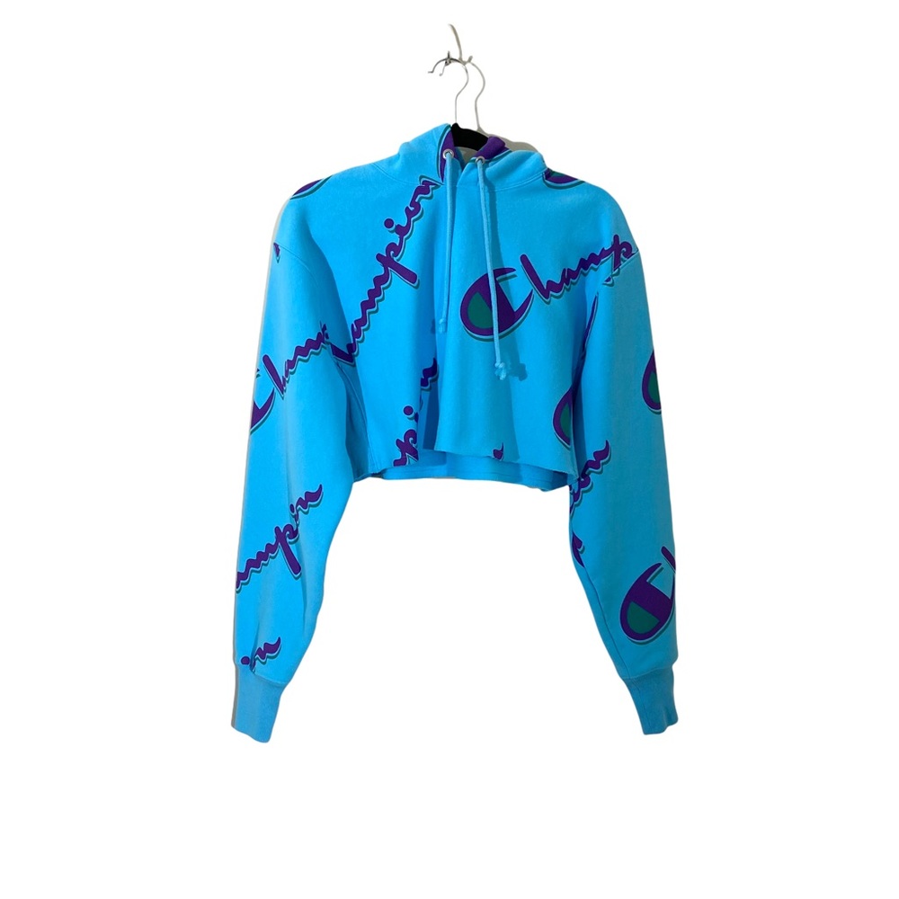 Champion Blue Cropped Logo Reverse Weave Hoodie - Gem